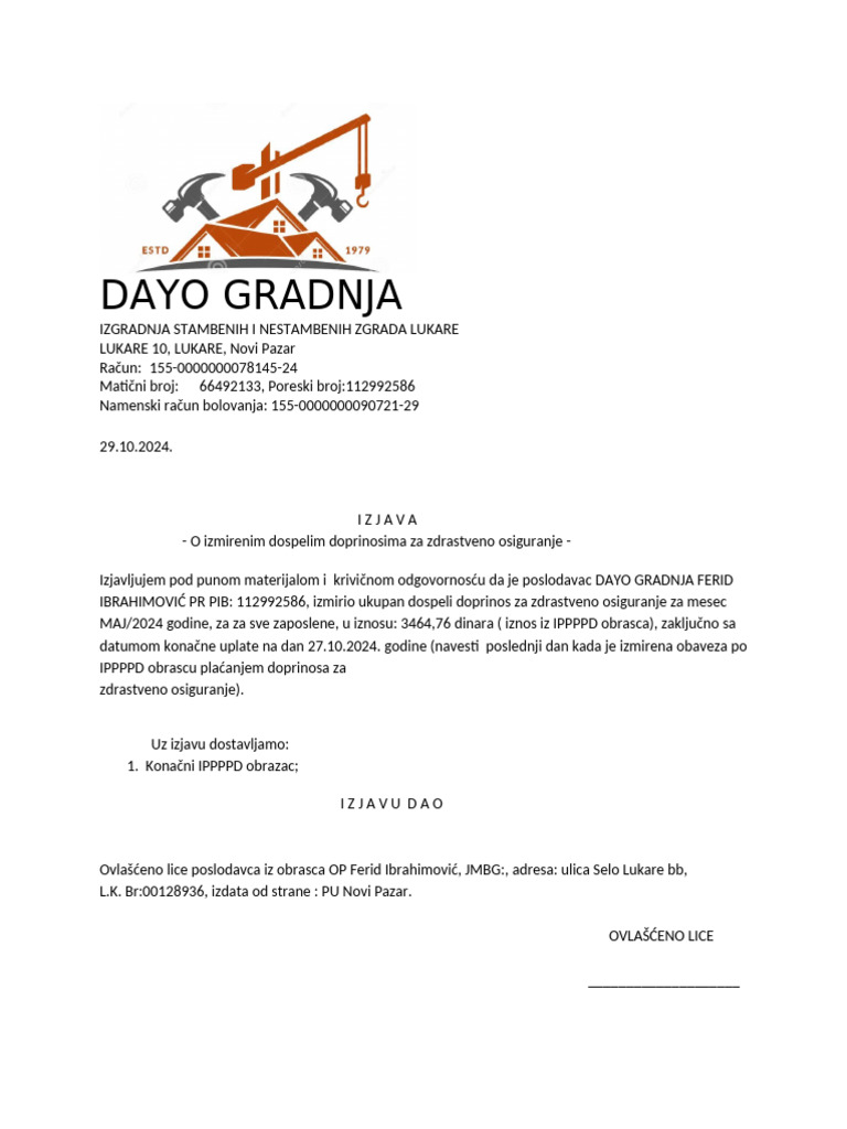 Izjava Za Bolovanje DAYO GRADNJA | PDF