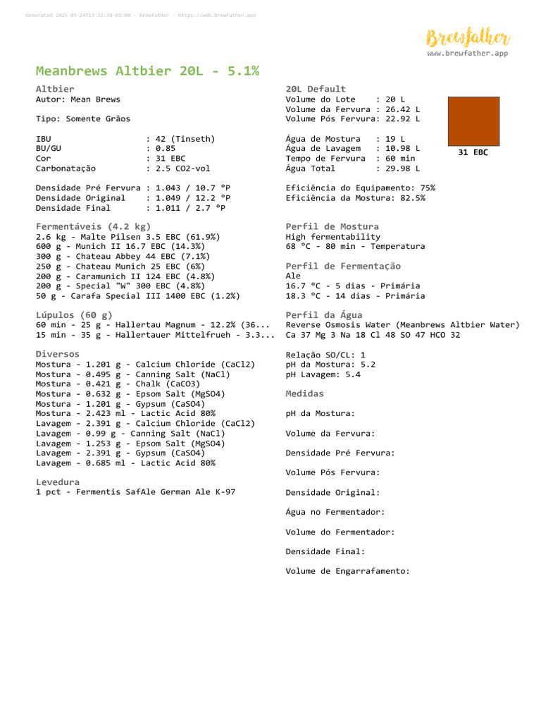 Brewfather MeanbrewsAltbier20L 20250924 | PDF | Fabricação de cerveja ...