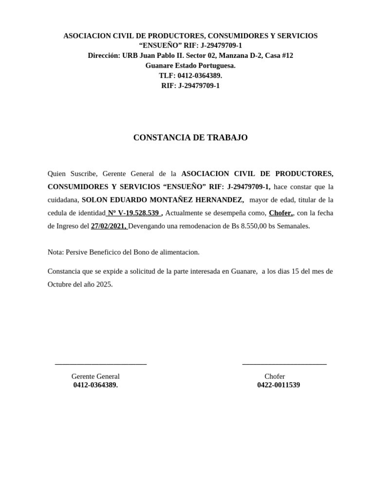 Constancia de Trabajo de Solon Montañez | PDF