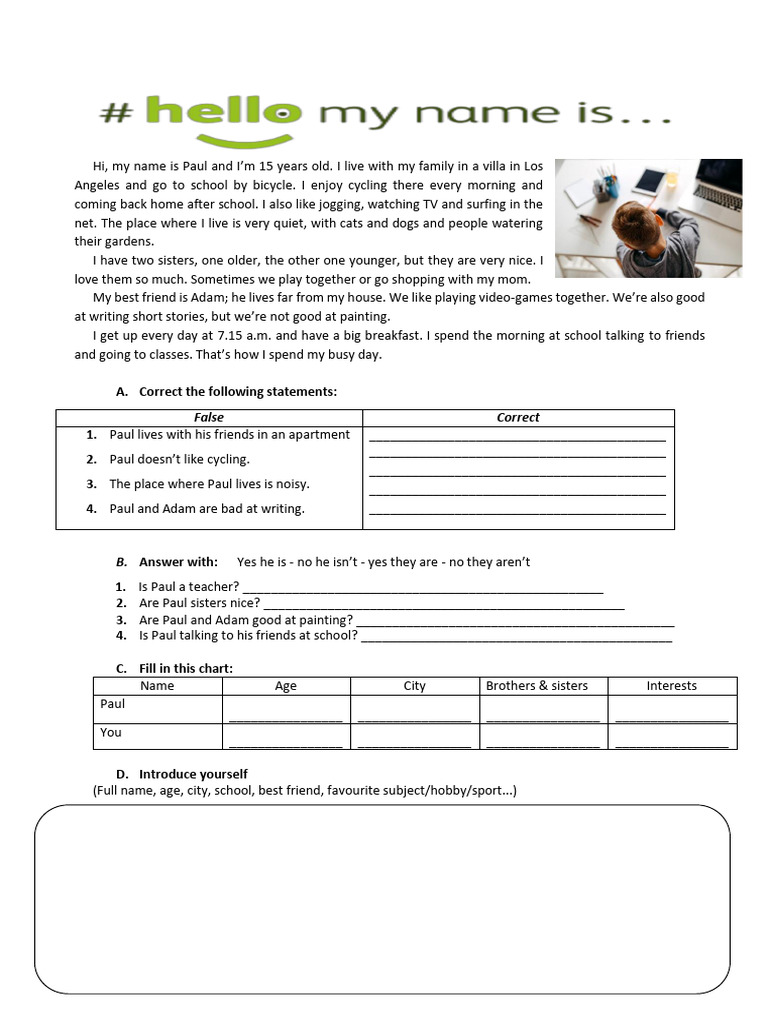 Reading Worksheet: Myself and Others | PDF
