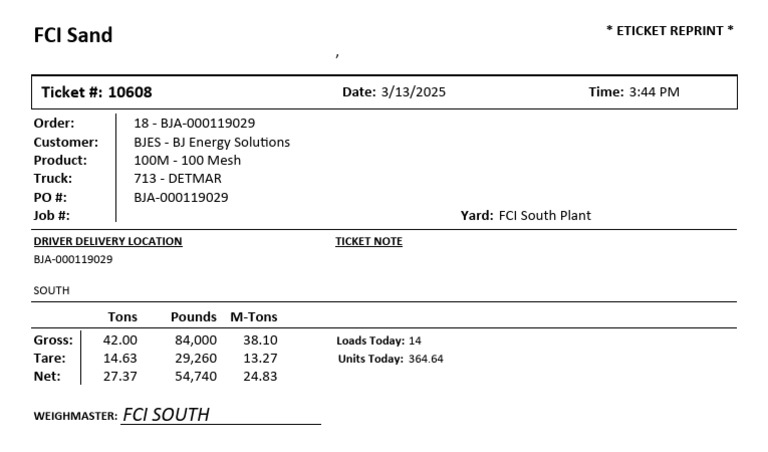 FCI Sand: Ticket #: 10608 | PDF