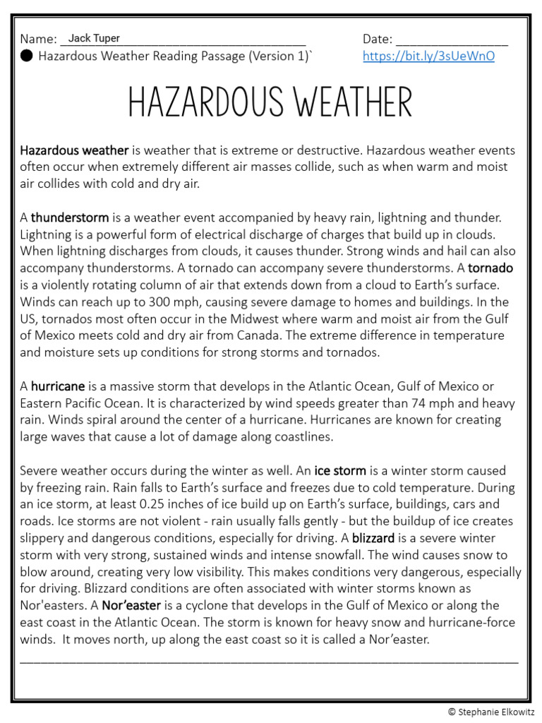 Jack Tuper - Hazardous Weather Reading Passage | PDF | Storms ...