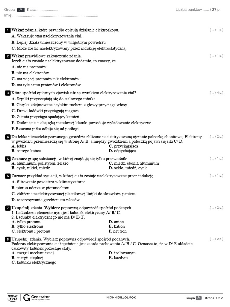 Test 1 Klasa 8 Dz. 1 Test (Z Widoczną Punktacją) | PDF