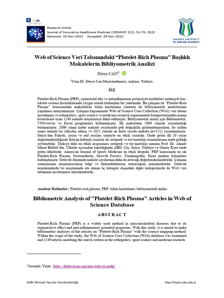 Web of Science Veri Tabanındaki "Platelet-Rich Plasma" Başlıklı ...
