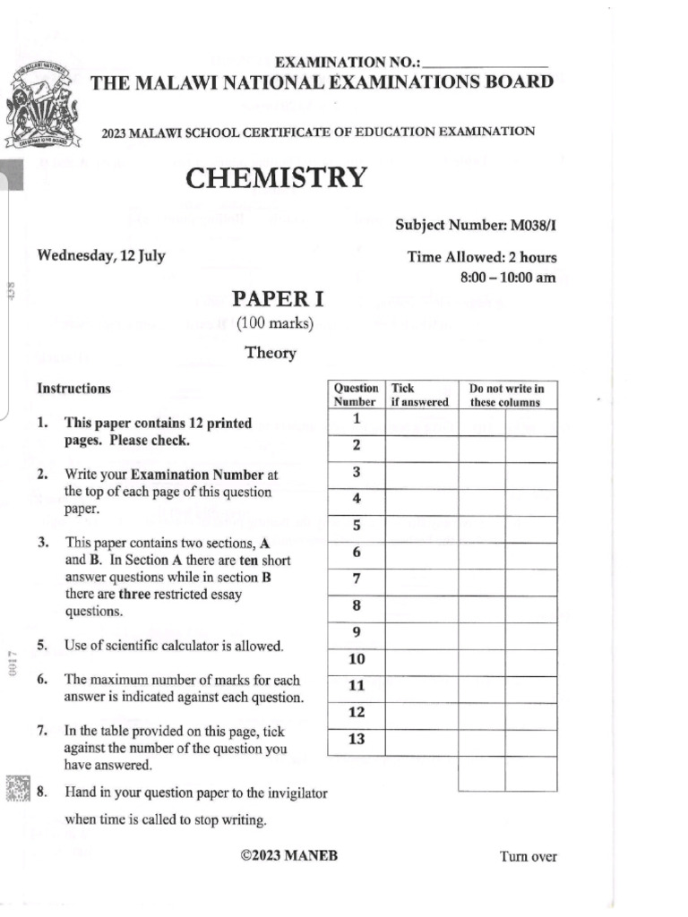 2023 Msce Chemistry Paper I | PDF