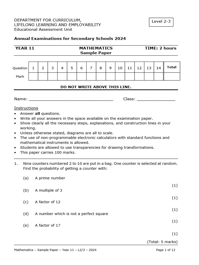 Year 11 Mathematics Sample Paper 2024 | PDF | Accuracy And Precision ...