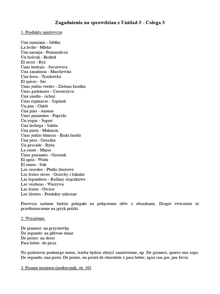 Zagadnienia Na Sprawdzian Unidad 3 Colega 3 | PDF