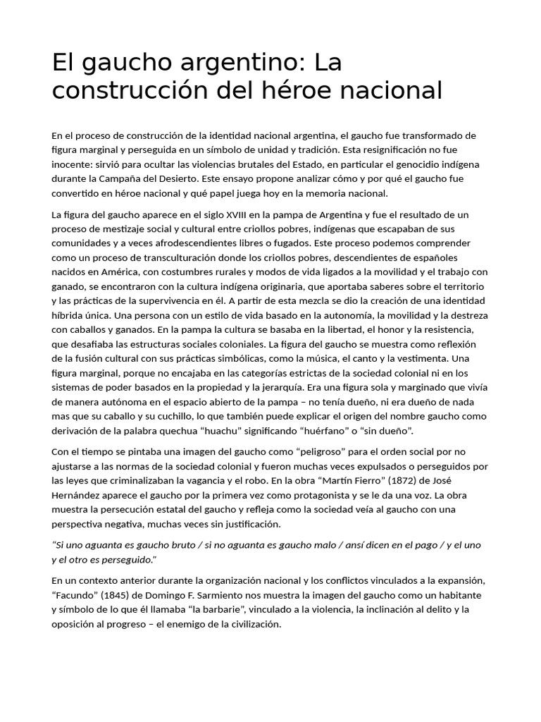 El gaucho: héroe y mito nacional argentino | PDF