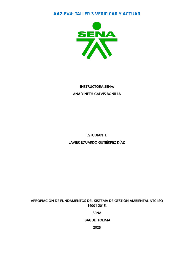 AA2-EV4 Taller 3 Verificar y Actuar. | PDF | Sustentabilidad | Agua