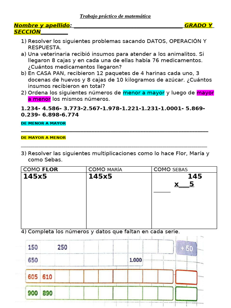 Trabajo Práctico Evaluativo de Matemática 3 Grado | PDF
