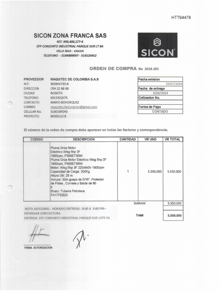 Sicon Zona Franca Sas Oc 2024-205 | PDF