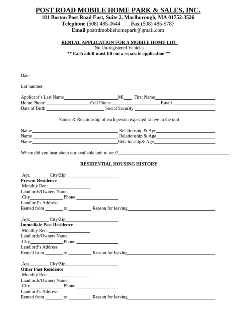 Mobile Home Lot Rental Application | PDF | Landlord | Lease