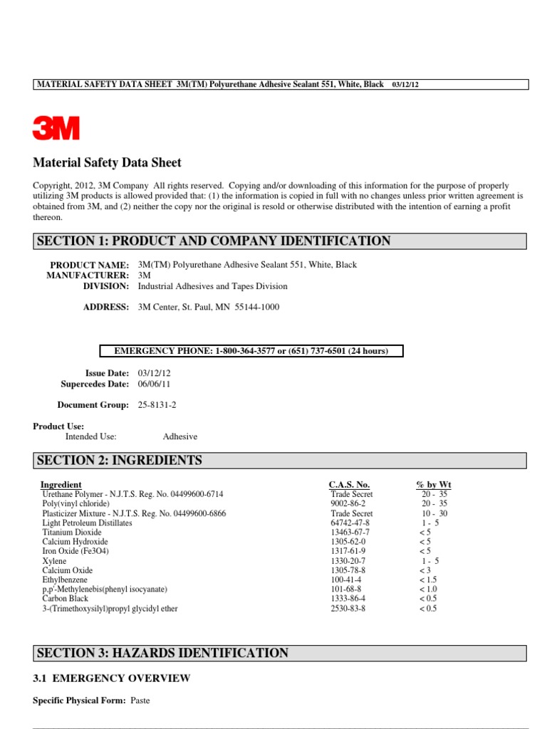 3M Polyurethane Adhesive Sealant Msds | PDF | Personal Protective ...
