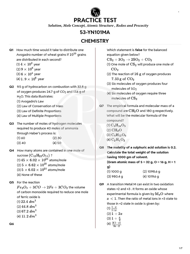 PRACTICE TEST - Solution, Mole Concept, Atomic Structure, Redox and ...