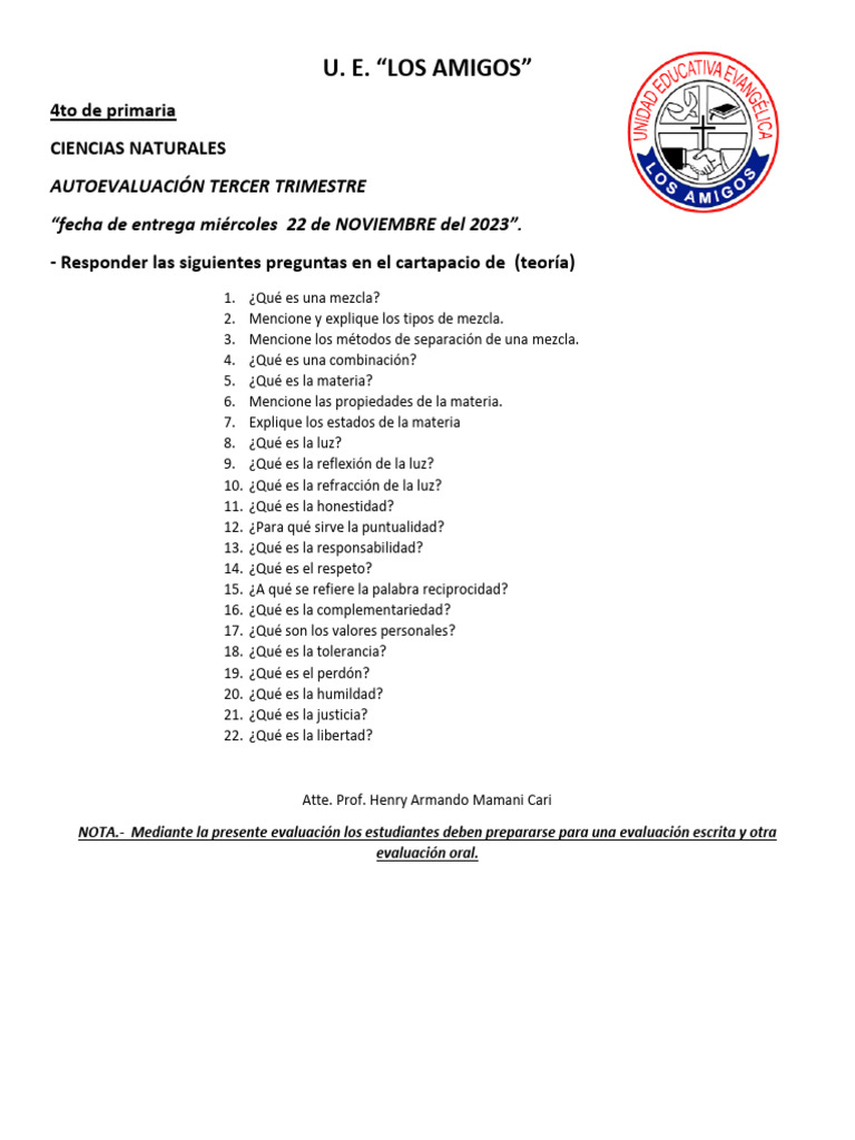 Autoevaluacion 4to Prim 3trim 2023 | PDF