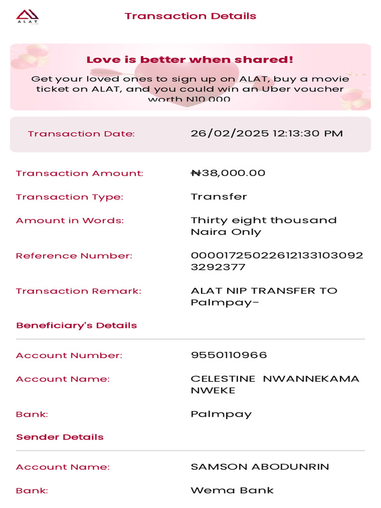 ALAT Transfer Receipt - CELESTINE NWANNEKAMA NWEKE - 9550110966 ...