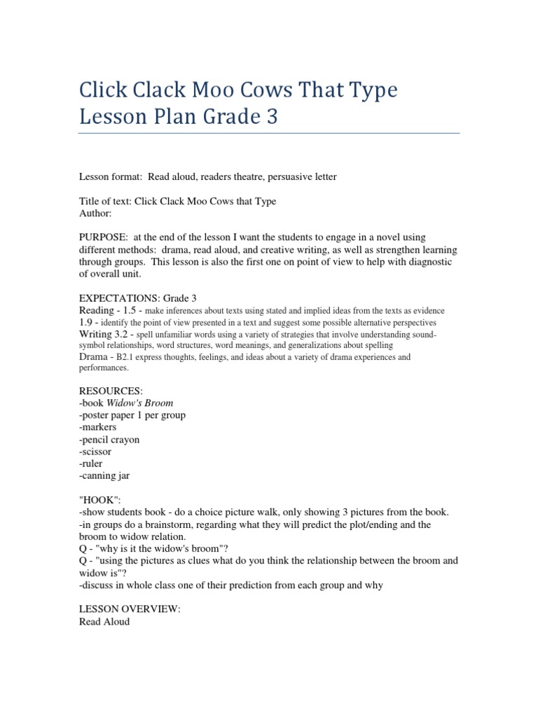 Click Clack Moo Cows That Type Lesson Plan Grade 3 | PDF | Narration ...