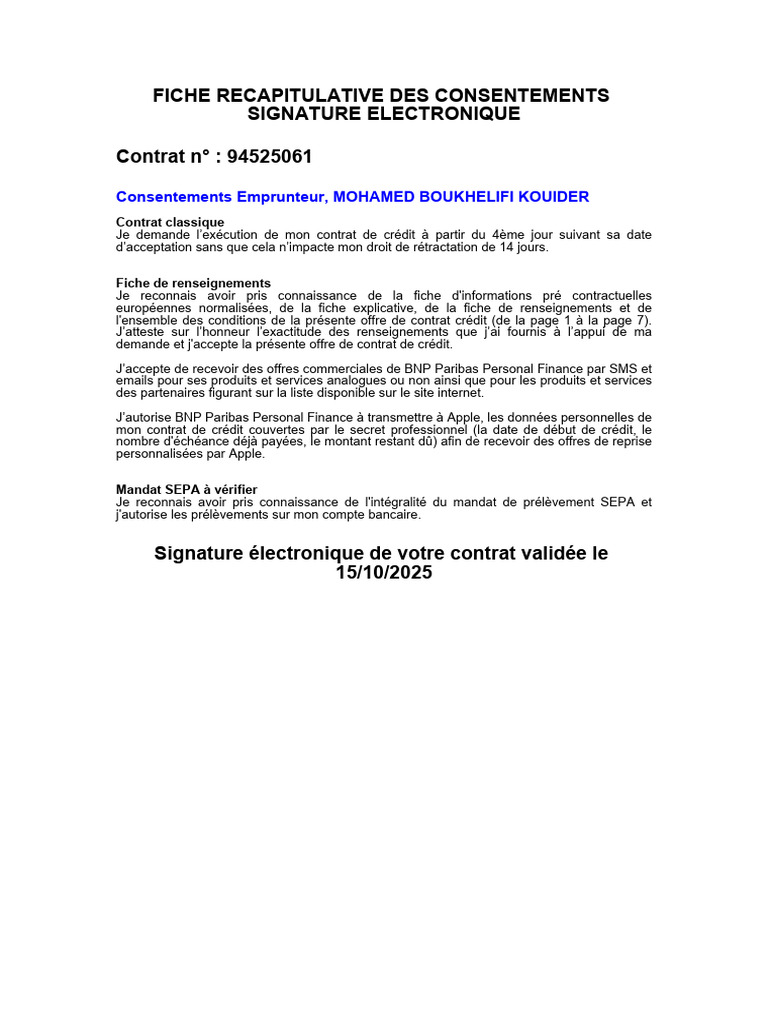 Consentements pour Contrat de Crédit | PDF