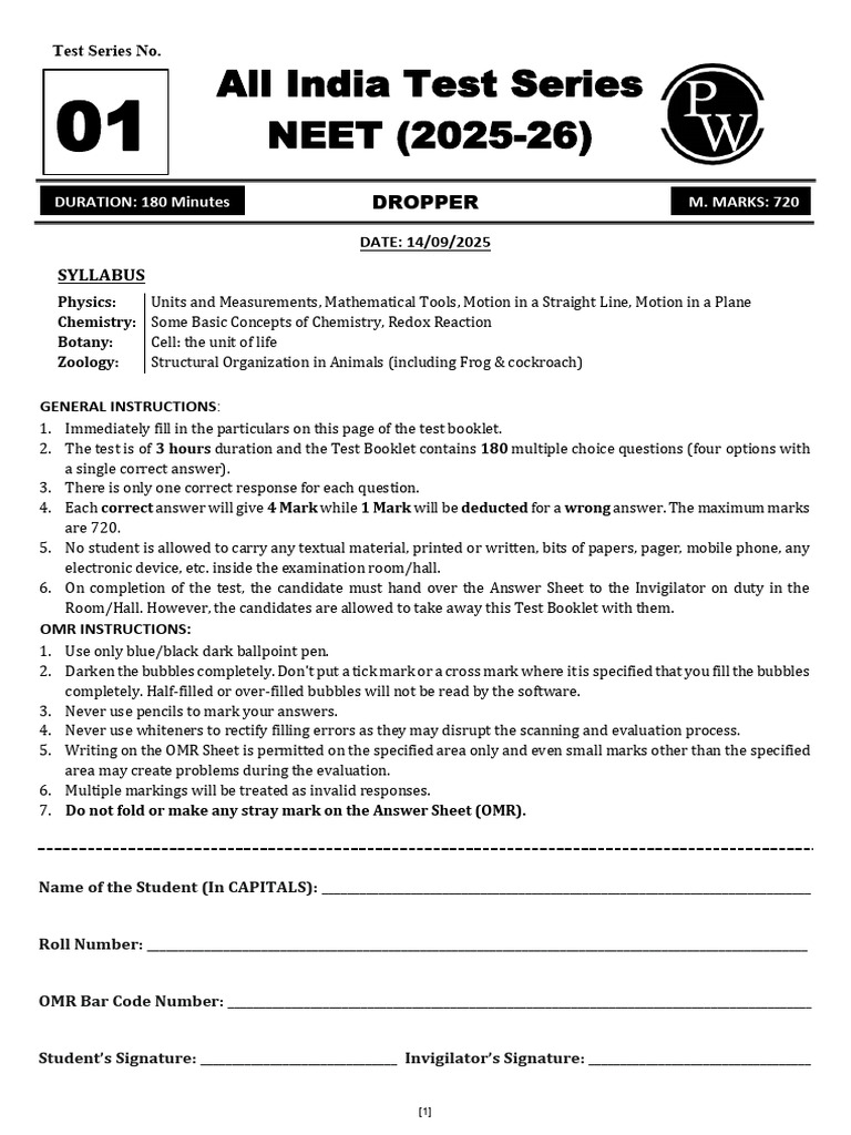 AITS - 01: Test Paper & Answer Key | PDF | Acceleration | Velocity