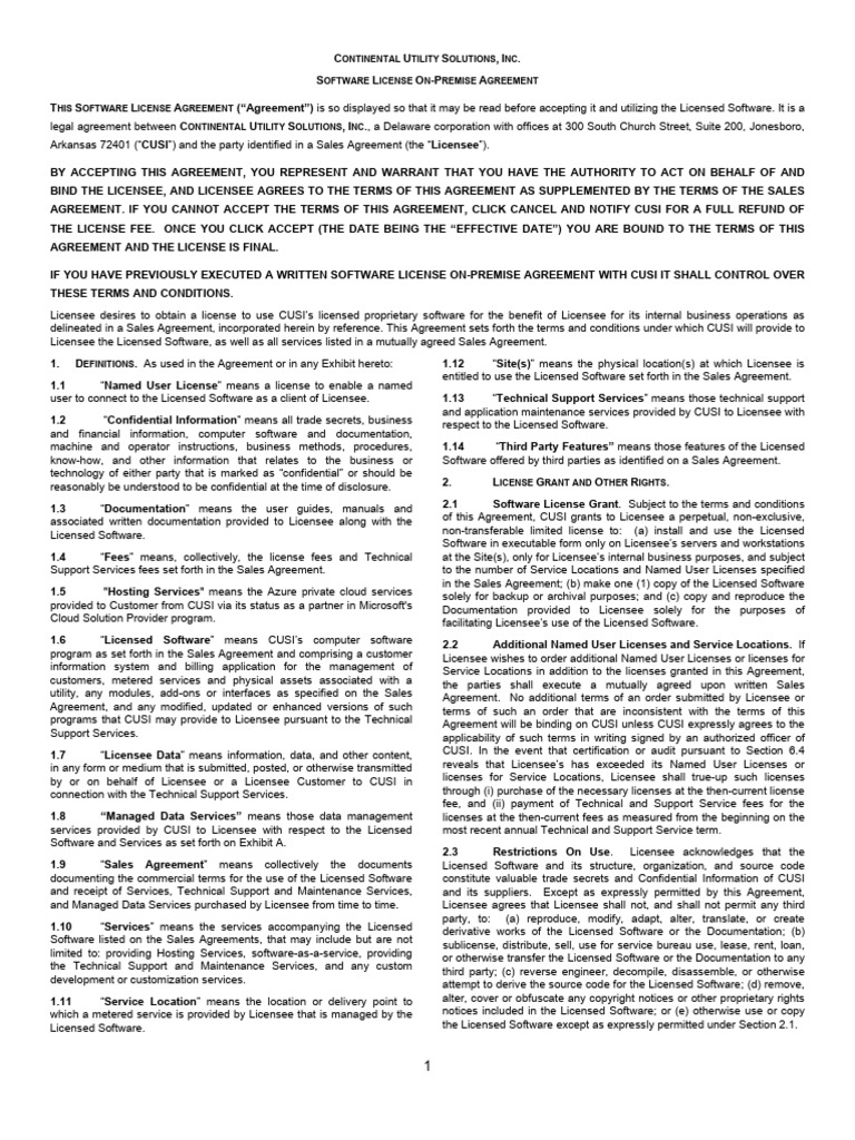 CUSI Software License On Premise Agreement July 2025 | PDF | License ...