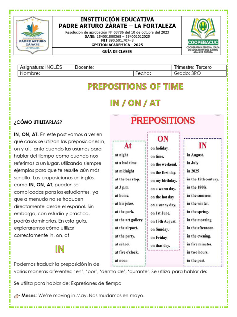 Guía 1 - Inglés - 3ro - 3 Trimestre | PDF