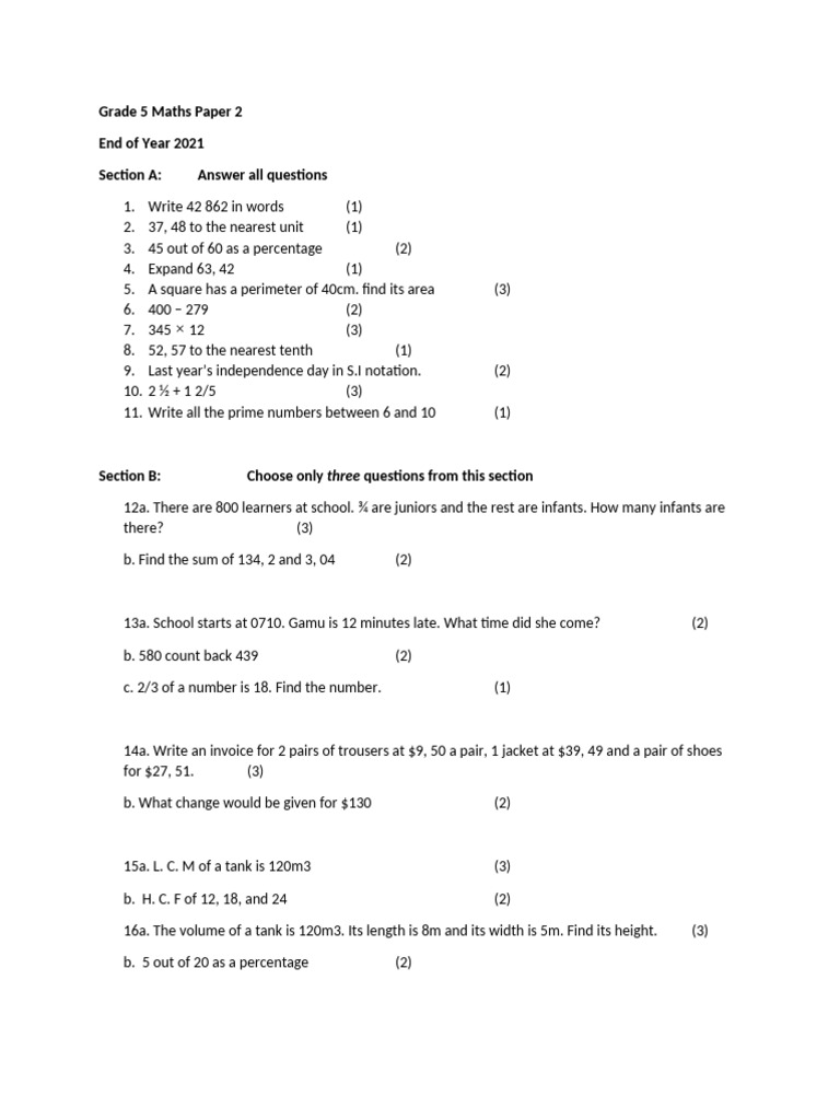 Grade 5 Maths Paper 2 | PDF