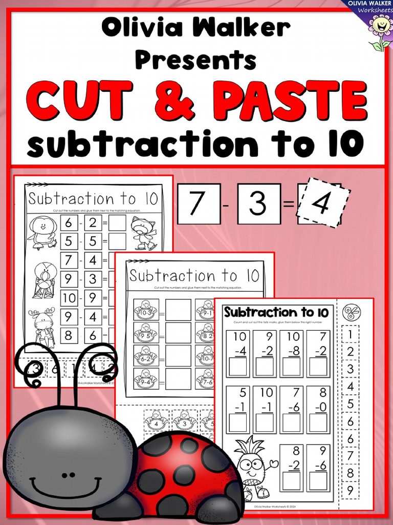 CutandPasteSubtractionto10WorksheetsFREEforKindergartenGradeOne 1 | PDF