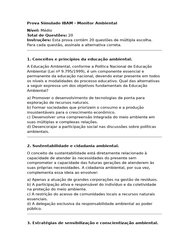 Prova Simulado IBAM - Monitor Ambiental | PDF | Sustentabilidade ...