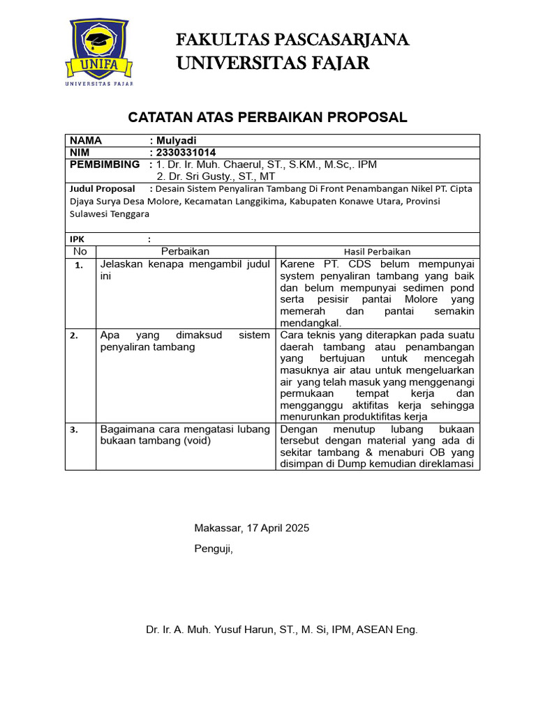 Matriks Catatan Atas Perbaikan Proposal 2 | PDF