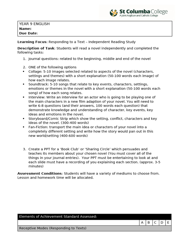 2025 Independent Reading Task Sheet | PDF | Vocabulary | Novels