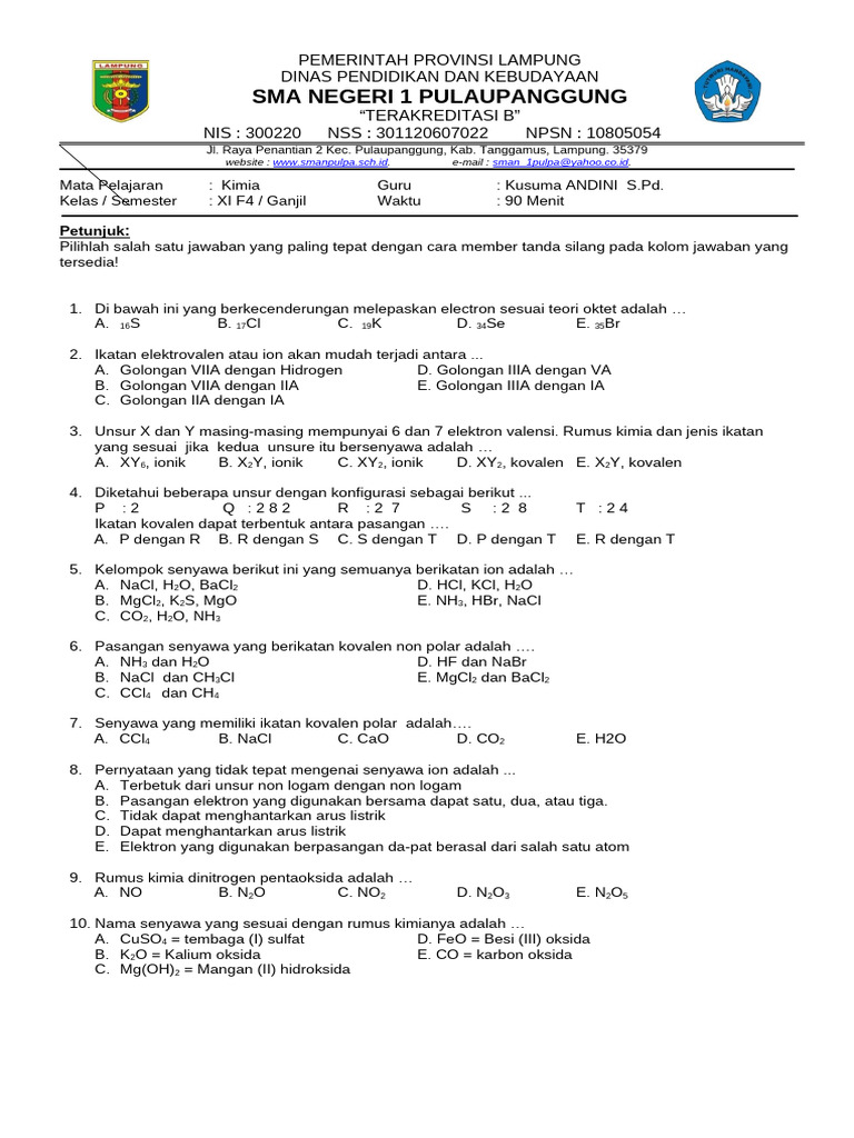 Soal Asts Kimia Kelas Xi SMT Ganjil | PDF