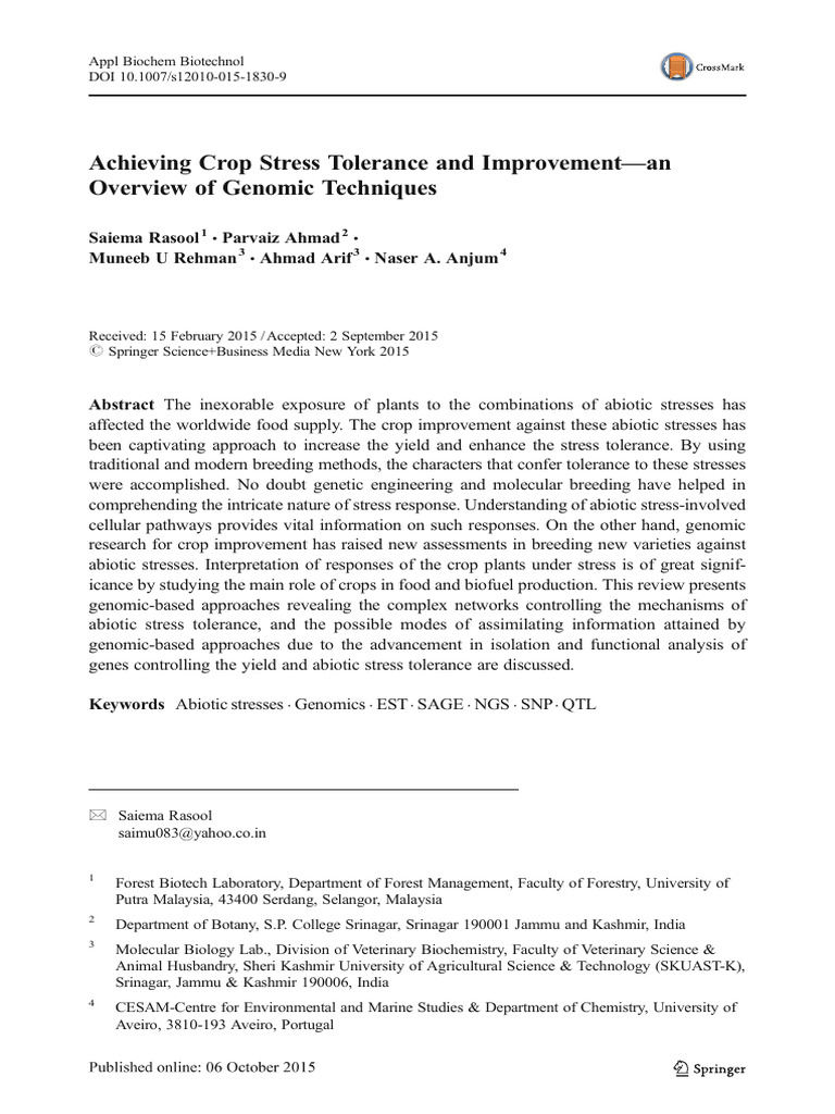 Achieving Crop Stress Tolerance and Improvement-An Overview of Genomic ...