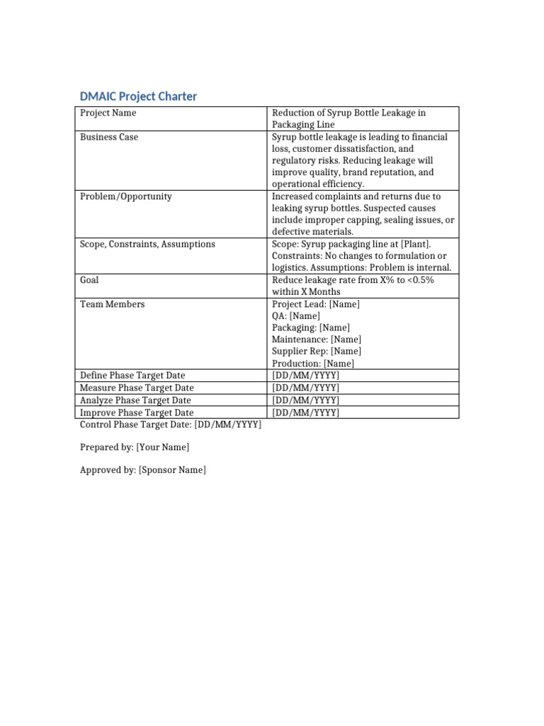 DMAIC Project Charter Chart Format | PDF