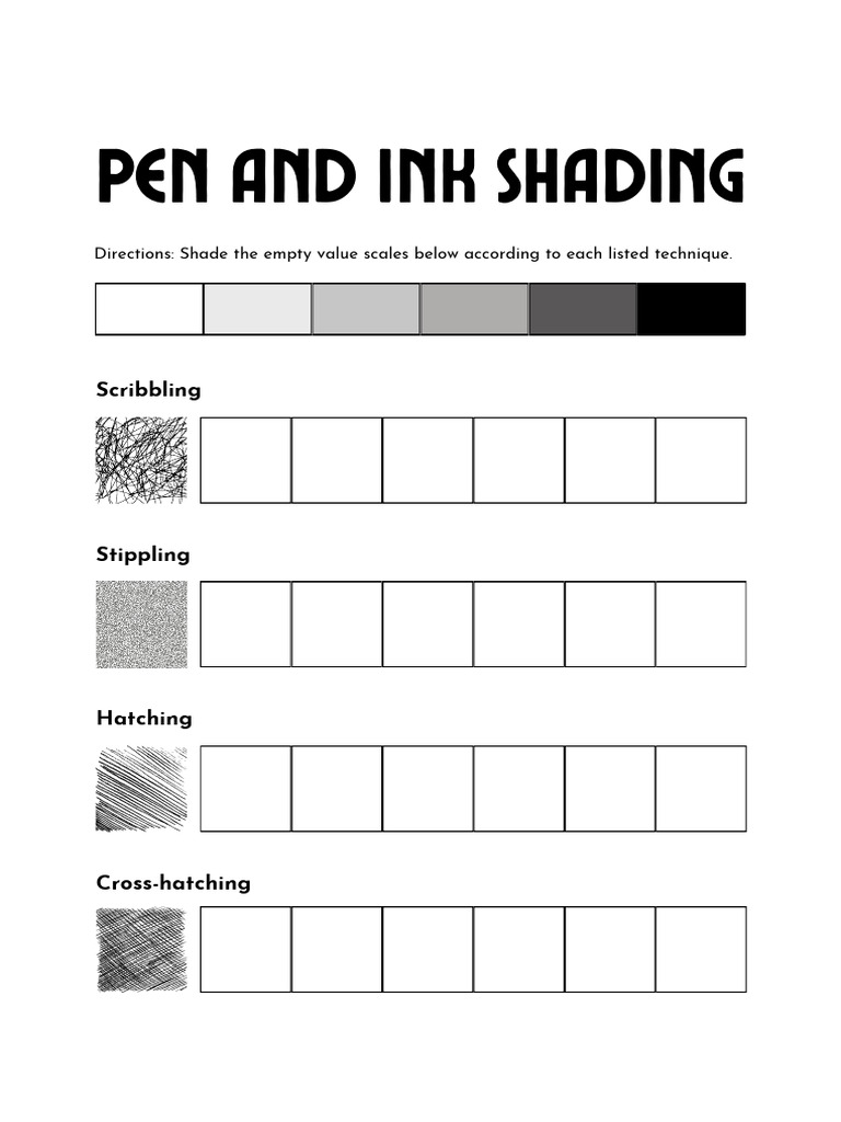 Pen and Ink Shading Worksheet in Black and White Simple Style | PDF