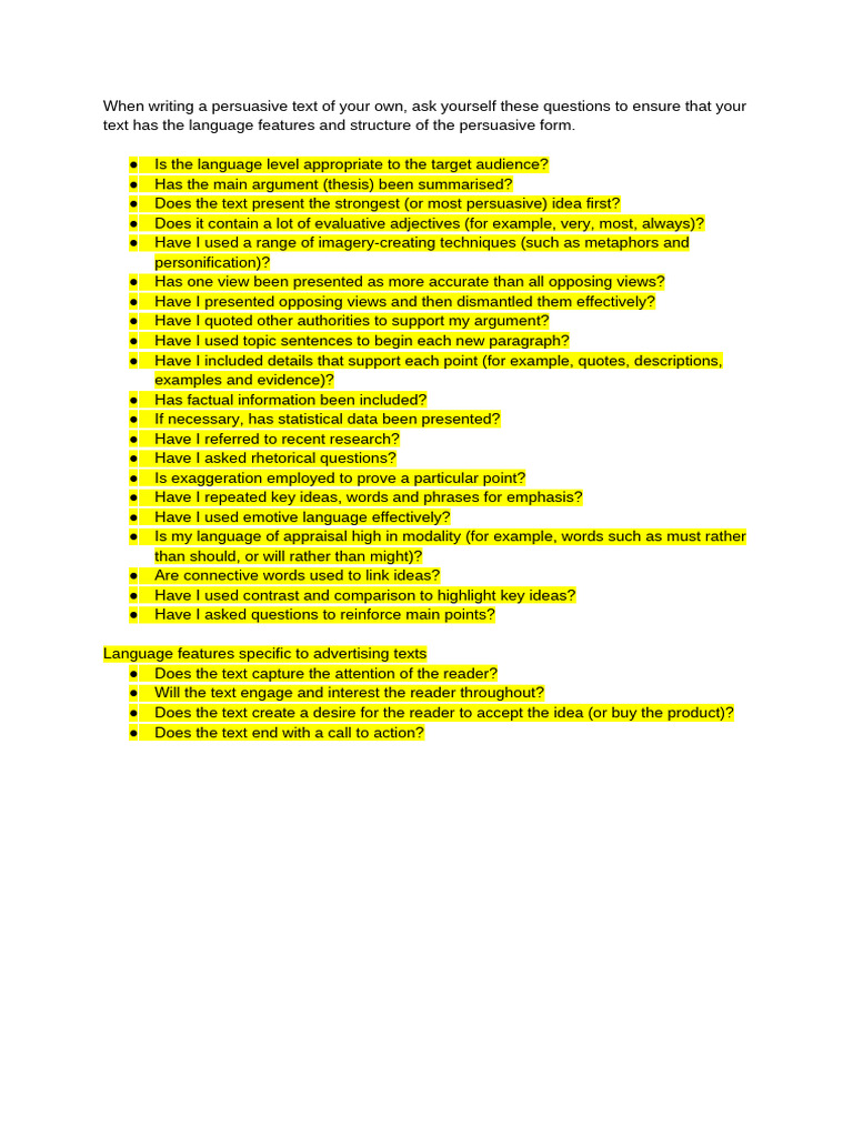 Persuasive Writing Checklist Guide | PDF