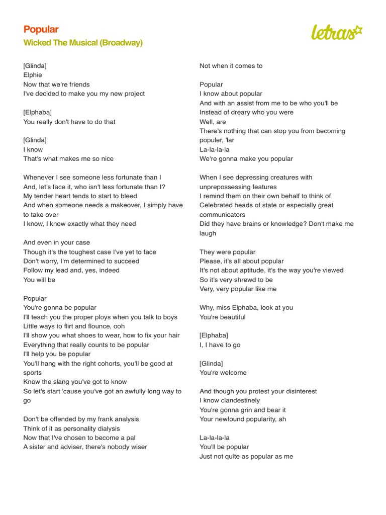 Popularity in Wicked Lyrics | PDF