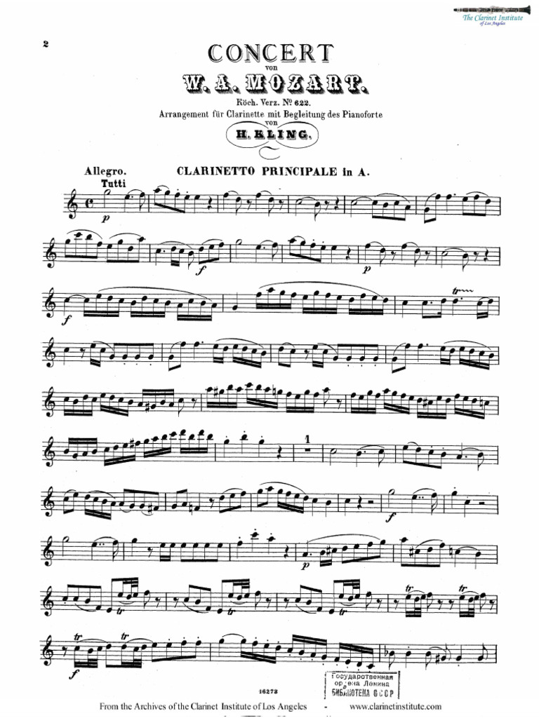 Mozart - Clarinet Concerto - First Movement (Allegro) | PDF