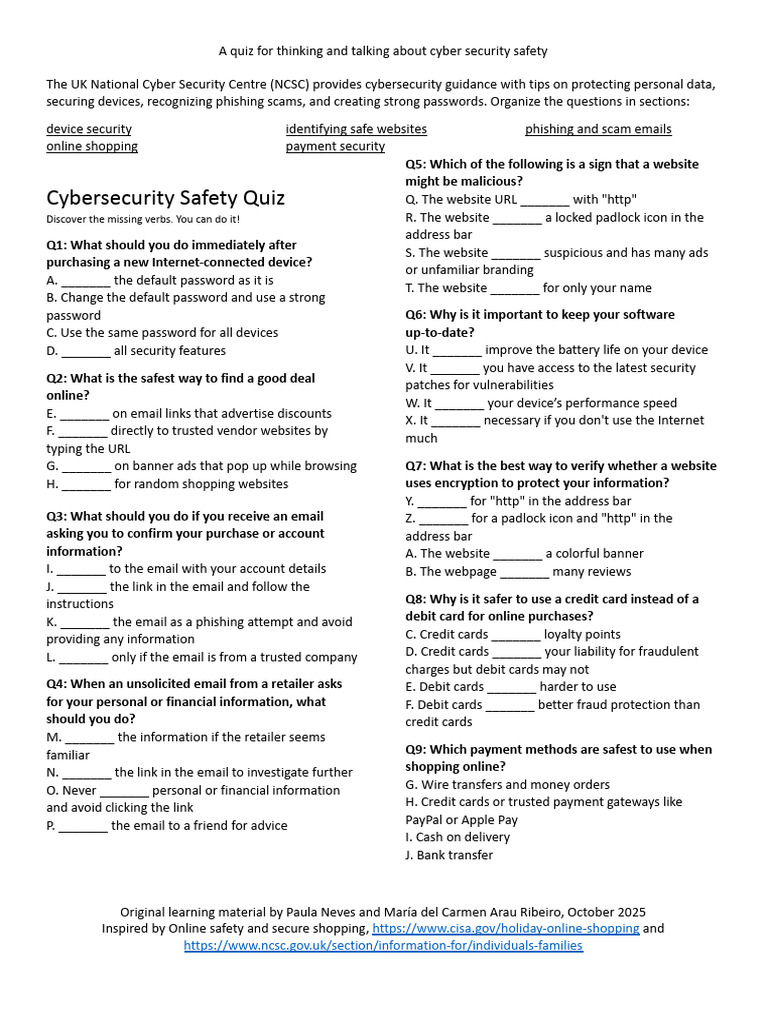 2.10 Cybersecurity Safety Quiz Activity DA CS25 | PDF | Computer ...