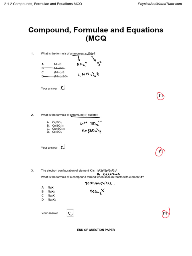 2.1.2 Compounds, Formulae and Equations MCQ | PDF | Sets Of Chemical Elements | Chemical Elements