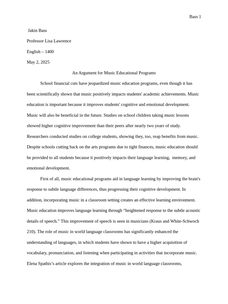 An Argument For Music Jakin Bass | PDF | Language Acquisition | Memory