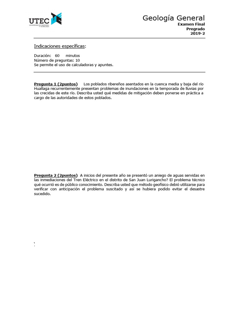 Examen Final de Geología General 2019-2 | PDF | Geología | Inundar