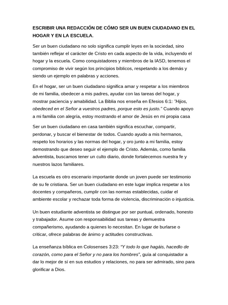 Escribir Una Redacción de Cómo Ser Un Buen Ciudadano en El Hogar y en ...