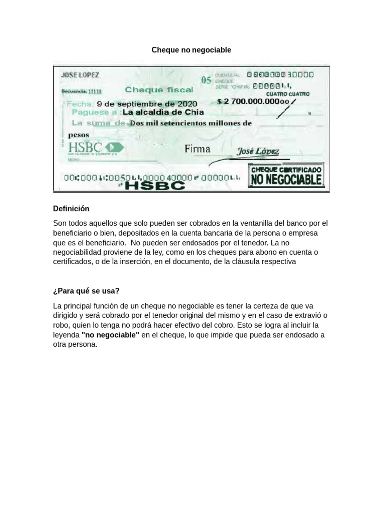 Cheque No Negociable: Definición y Uso | PDF