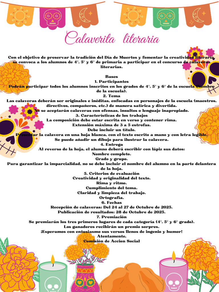 Documentos A4 Calaverita Literaria Dia de Muertos Rosa y Naranja ...