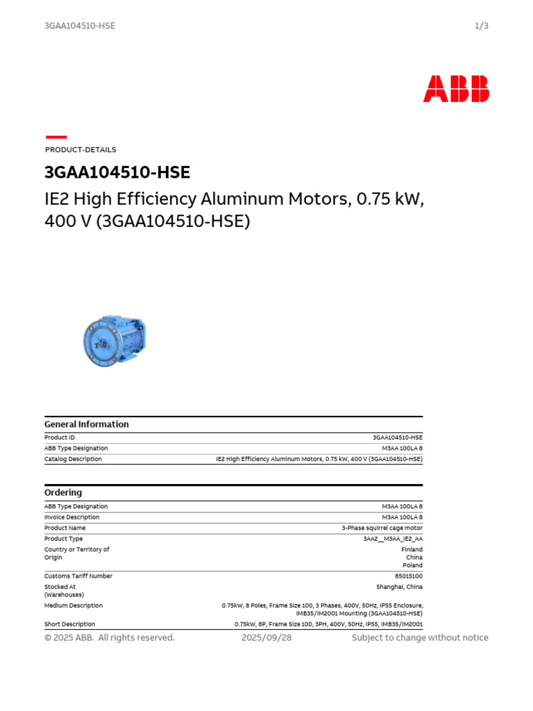 ABB MOTOR M3AA 100L-8, 0.75KW-400V-8P-B35-50HZ - Datasheets | PDF ...