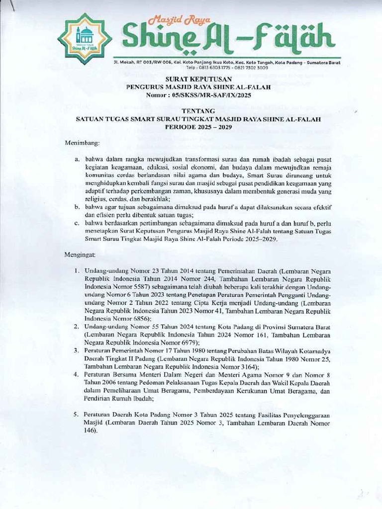 SK Satuan Tugas Smart Surau Masjid Raya Shine Al-Falah 2025 | PDF