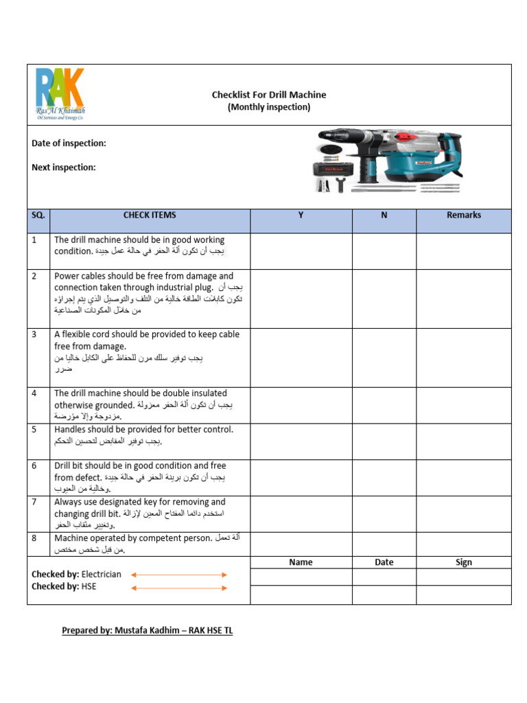 Checklist For Drill Machine | PDF