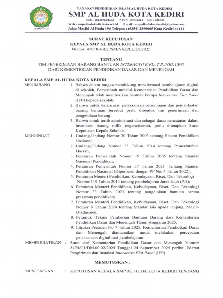 Tim Penerimaan IFP SMP Al Huda Kediri | PDF