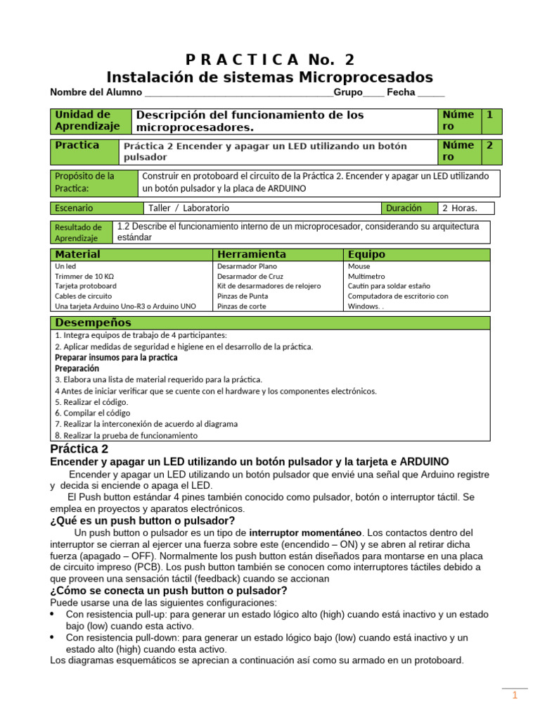 PRACTICA No. 2 Encender y Apagar LED Con Botón Pulsador | PDF | Arduino | Diodo emisor de luz