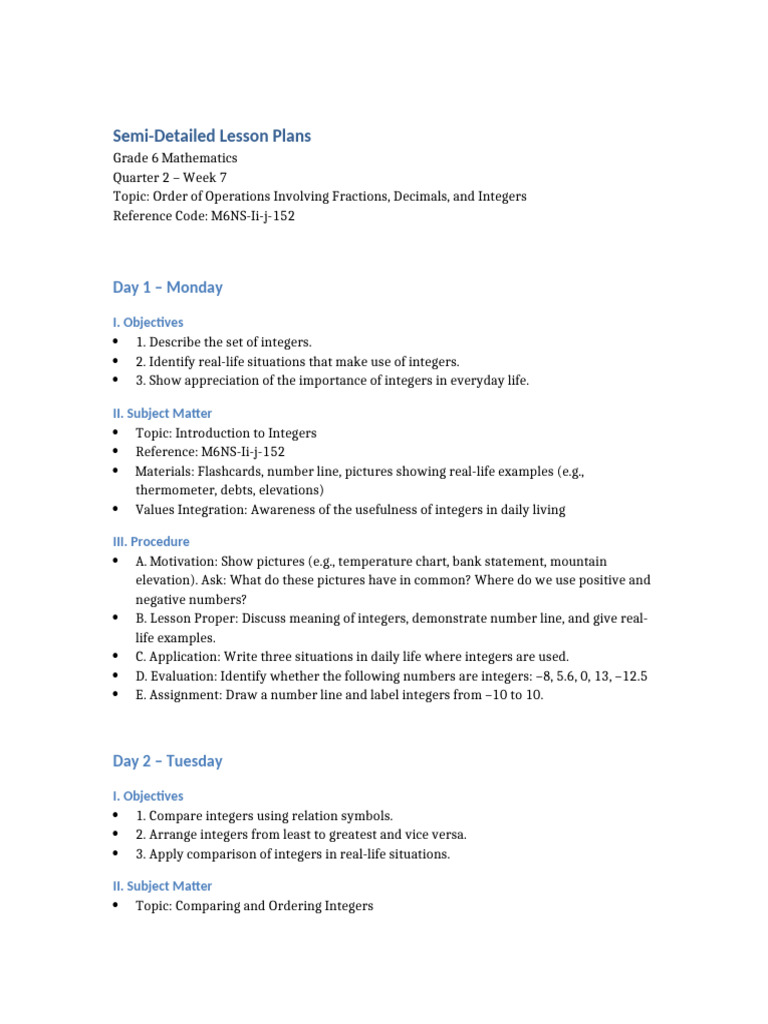 Grade6 Math Semi Detailed Lesson Plans Week7 | PDF | Numbers | Integer